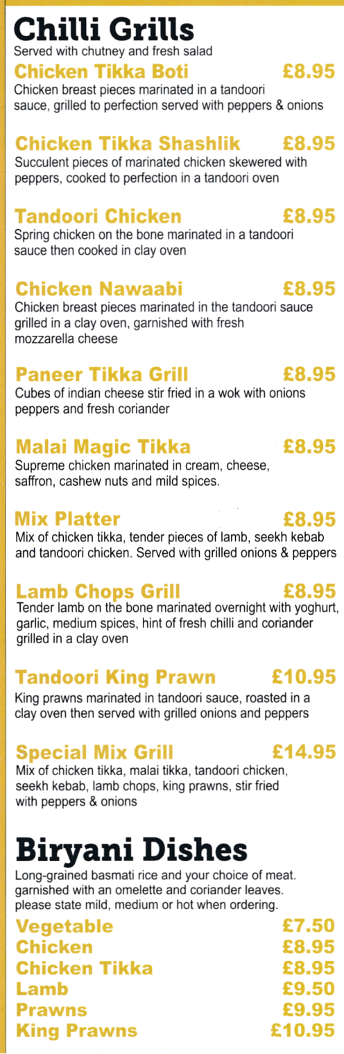 Chillis menu; Indian takeaway and delivery in West Bridgford NG2