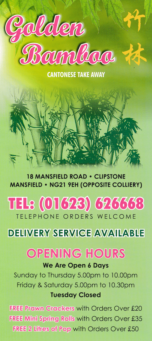 Golden Bamboo's menu; Chinese and Cantonese takeaway in Clipstone