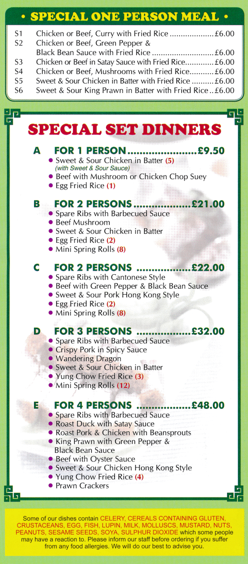 Golden Bamboo's menu; Chinese and Cantonese takeaway in Clipstone