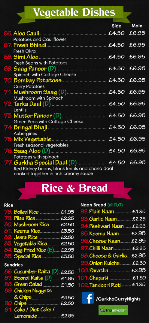 Gurkha Curry Nights takeaway and delivery menu