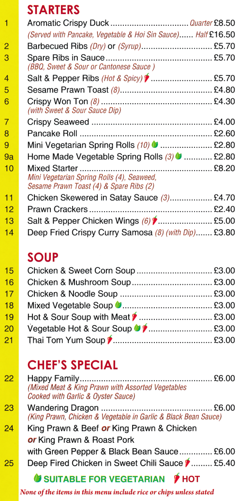 Takeaway menu for Hoi Shan in Ravenshead. Chinese food delivery