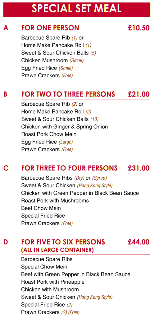 Takeaway menu for Hoi Shan in Ravenshead. Chinese food delivery