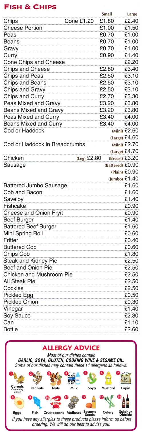 Hon Wah's menu; Chinese food takeaway plus fish & chips in Kirk Hallam