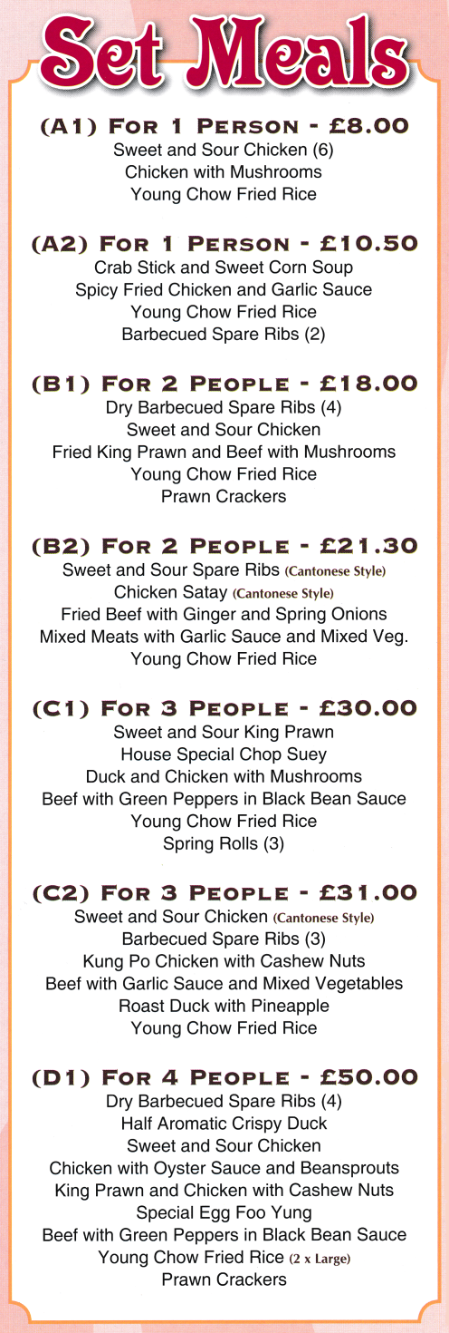 Hon Wah's menu; Chinese food takeaway plus fish & chips in Kirk Hallam