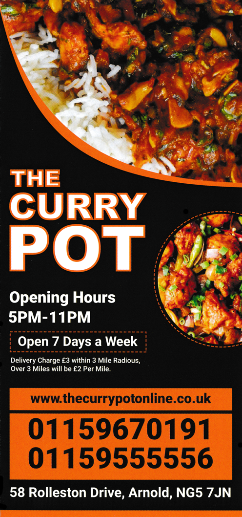 Menu for Curry Pot Indian takeaway in Arnold near Nottingham