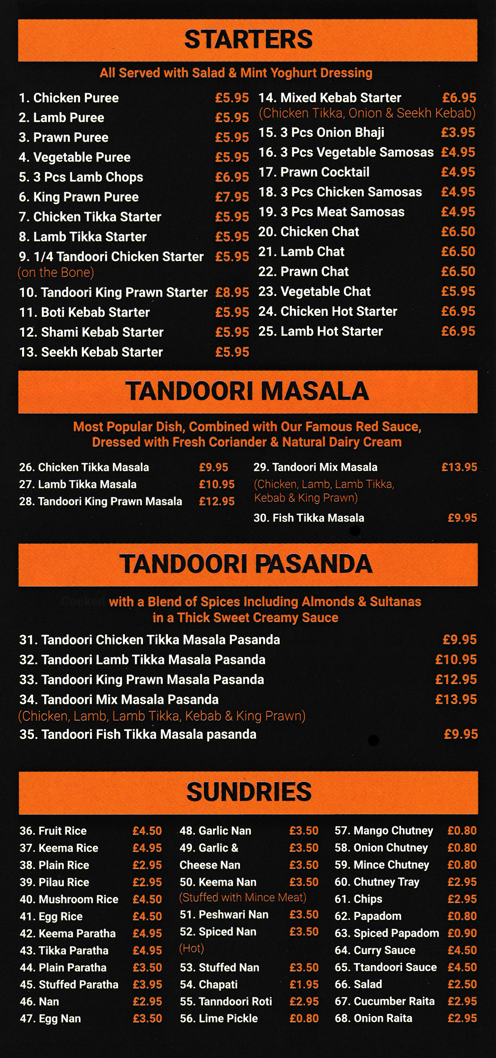 Menu for Curry Pot Indian takeaway in Arnold near Nottingham