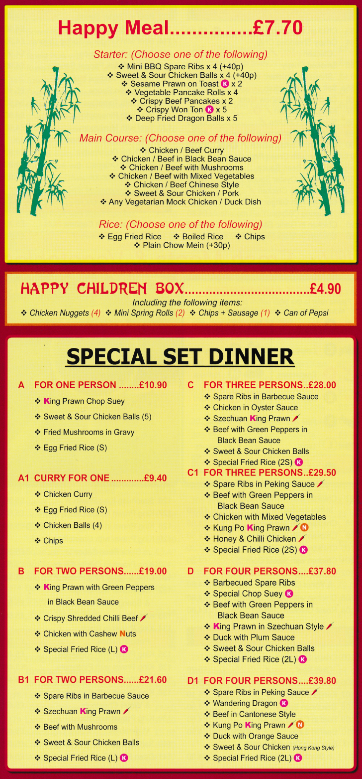 Tung Fong's menu; Chinese food takeaway in Aspley, Nottingham
